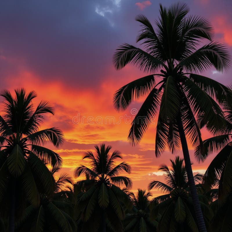 Illustrated Scene of a Tropical Sunset Featuring Palm Trees Stock ...