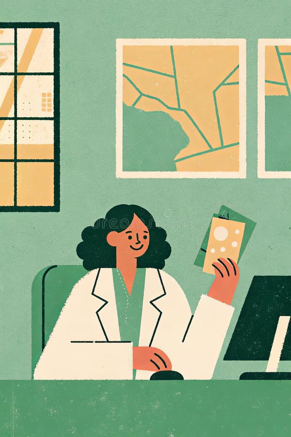 Illustrated Scientist Analyzing Data in a Vintage-inspired Office ...
