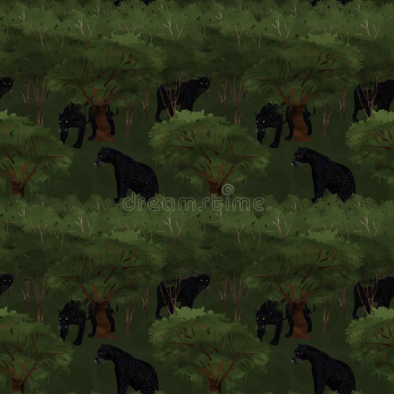 Illustrated Seamless Pattern with Panthers and Jungle Environment Stock ...