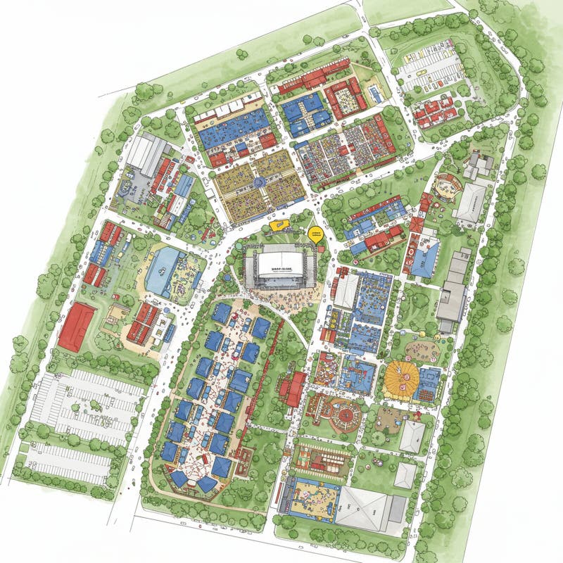 An Illustrated Site Map of a Complex with Various Buildings and Open ...