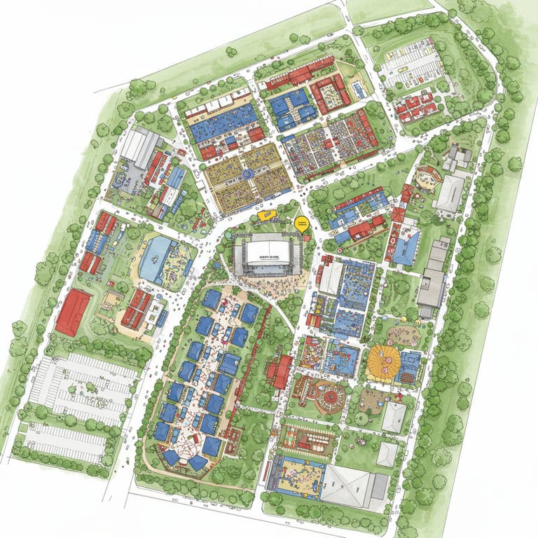 An Illustrated Site Map of a Complex with Various Buildings and Open ...