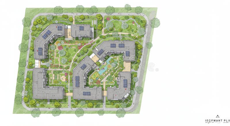 Illustrated Site Plan of a Residential Complex Featuring Multiple ...