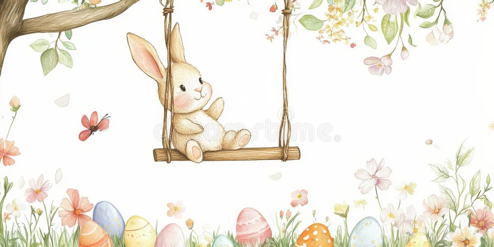 Illustrated Spring Bunny on Swing with Easter Eggs and Blossoming Flowers Stock Photo - Image of ...