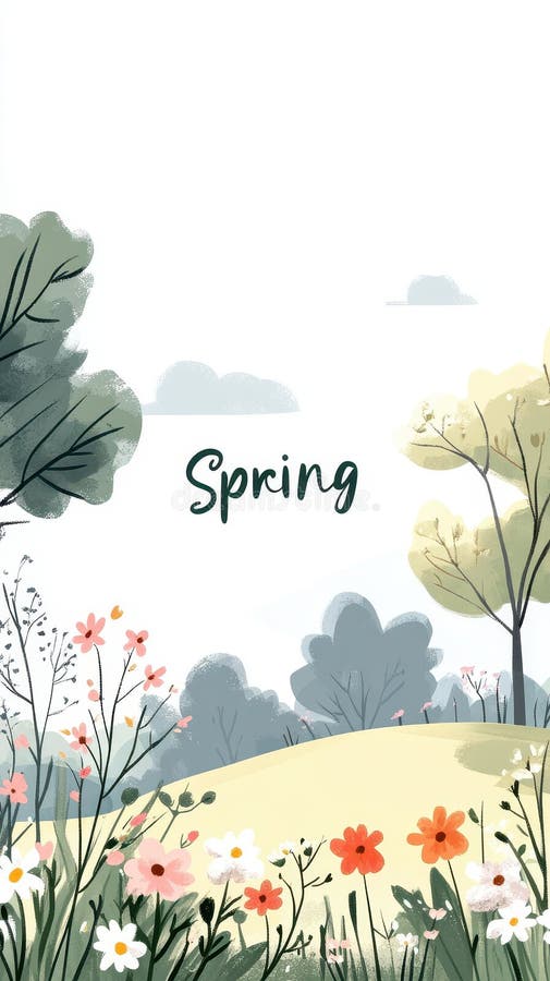 Illustrated Spring Landscape with Wildflowers and Trees in Bloom Stock ...
