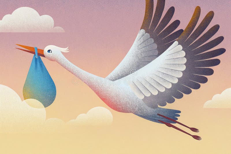 Illustrated Stork Flying with Baby Bundle in Sunset Sky Stock ...