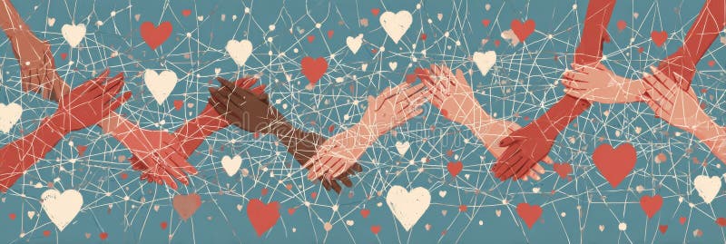 Illustrated Support Network Represented by Diverse Hands and Hearts Connecting in Harmony and ...