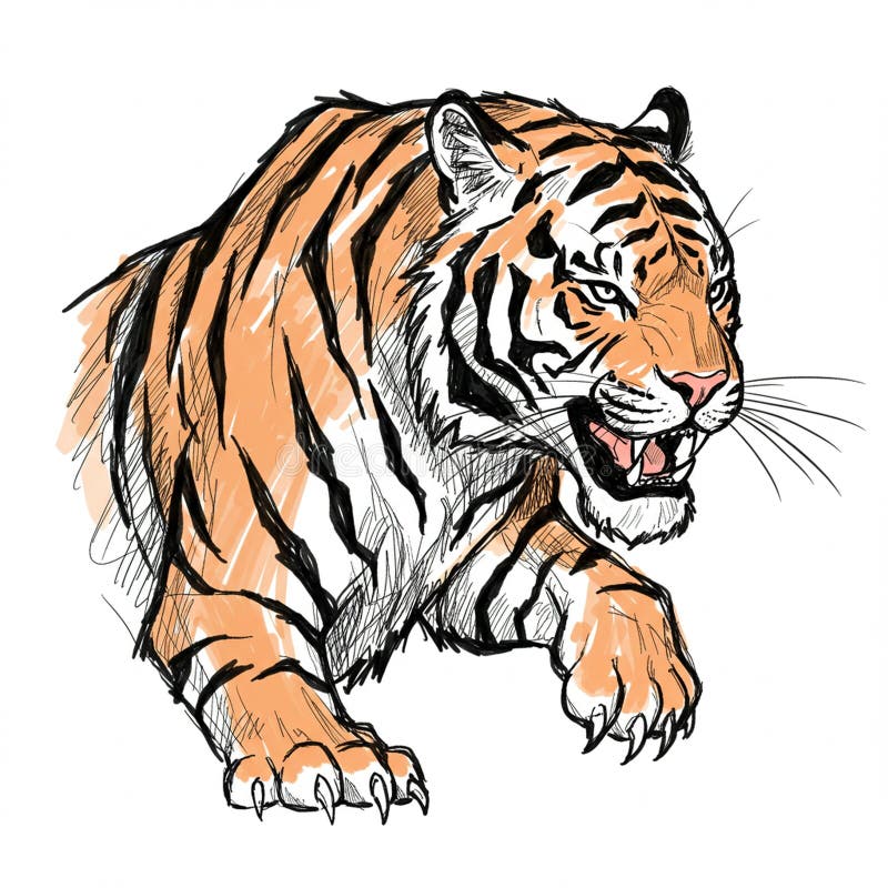 Illustrated Tiger Rendering, Displaying a Dynamic Stance with a ...