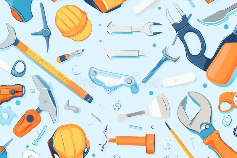 Illustrated Tools and Construction Equipment Overhead Shot on Light ...