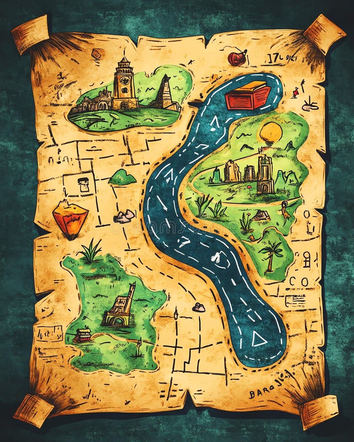 An Illustrated Treasure Map Featuring Landmarks, Paths, and a River ...