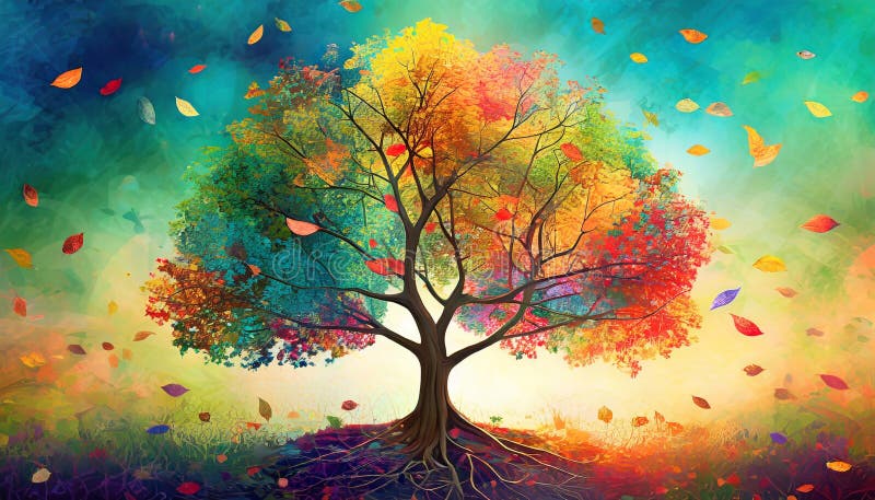 Illustrated Tree with Autumn Leaves Stock Illustration - Illustration ...