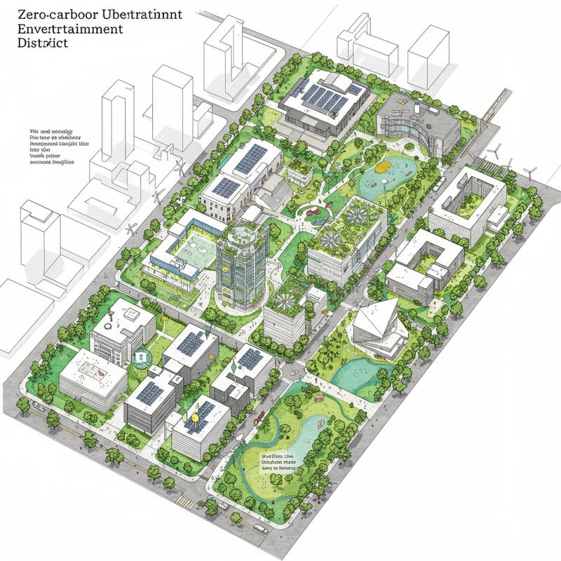 An Illustrated Urban District Plan Features an Eco-friendly Design with ...