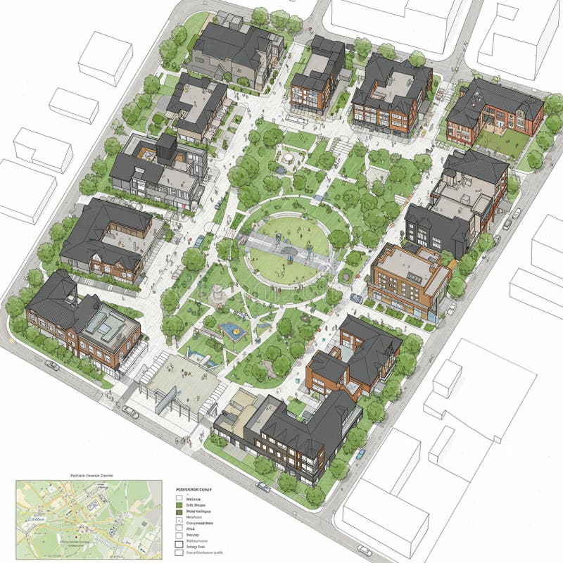 Illustrated Urban Planning Layout Featuring a Central Green Park with ...