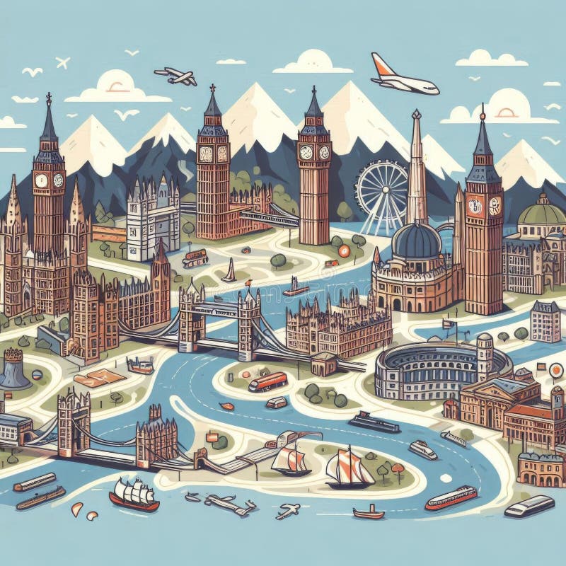 An Illustrated Vector Postcard Showcasing World-famous Landmarks on a ...