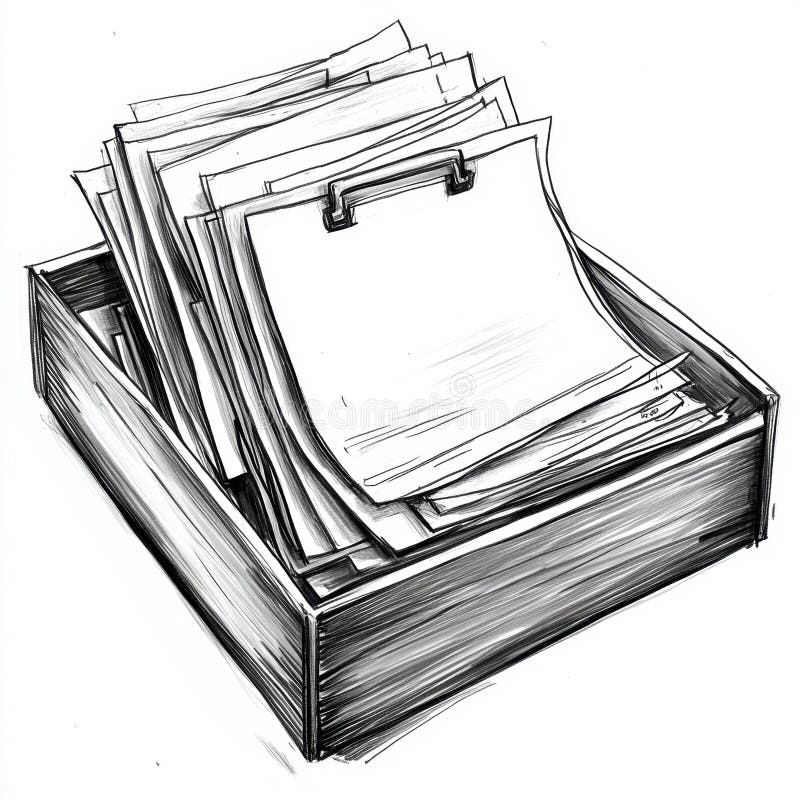 Illustrated Wooden Box Filled with Stacked Papers and Documents Stock ...