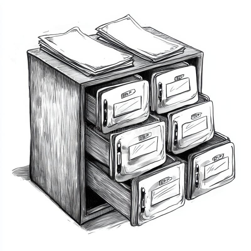 Illustrated Wooden Filing Cabinet with Labeled Drawers and Papers Stock ...