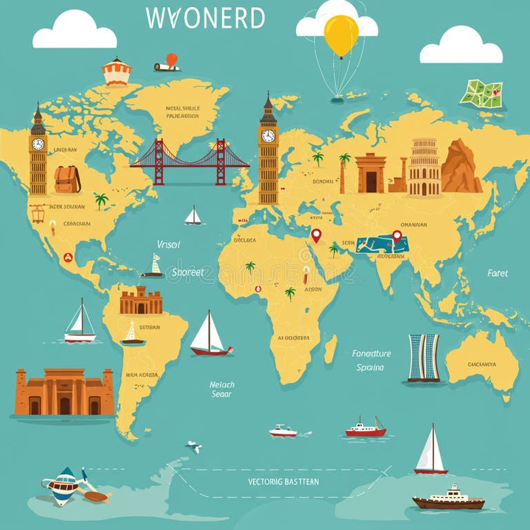 Illustrated World Map Featuring Stylized Representations of Famous ...