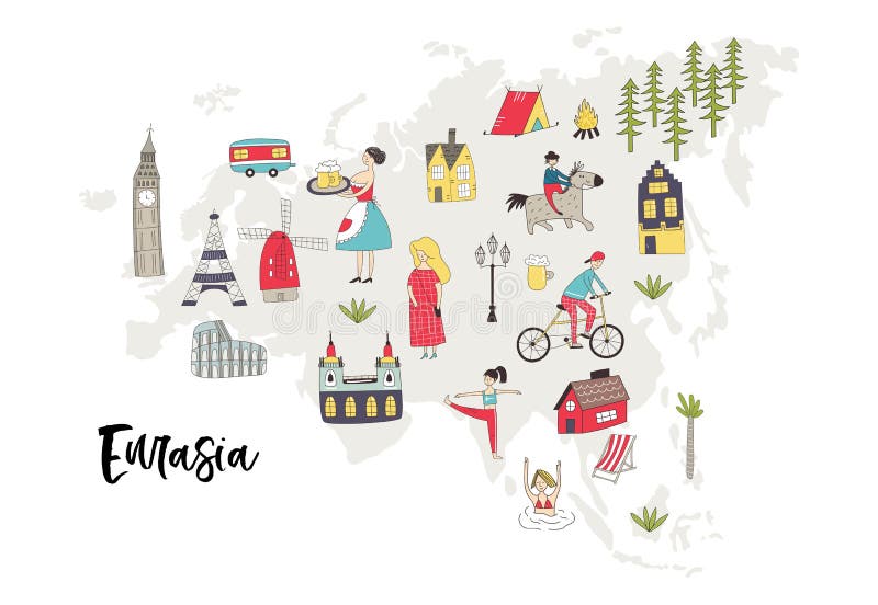 Illustrated World Map with Fun Hand Drawn Characters, Plants and ...