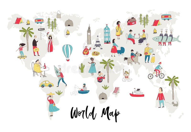 Illustrated World Map with Fun Hand Drawn Characters, Plants and ...