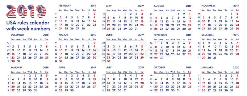 Illustratie Van 2019 De Amerikaanse Kalenderweken Stock Illustratie ...