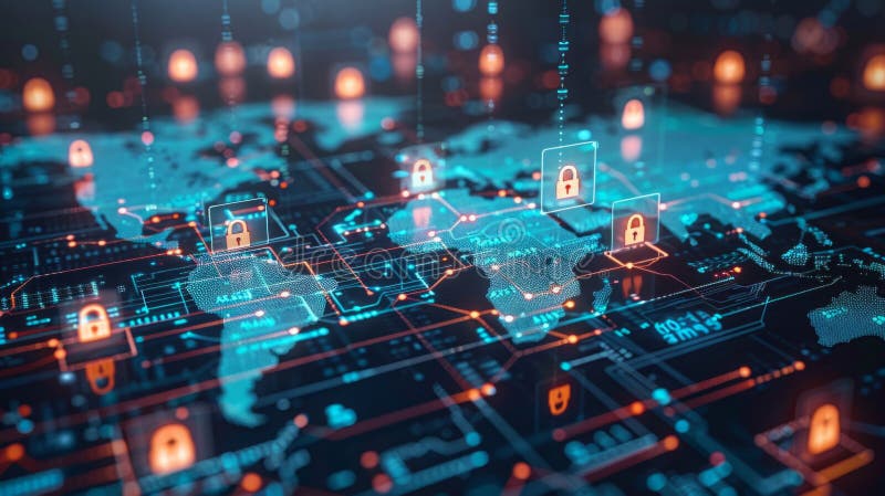 Illustrating Global Security Measures with Digital Locks on a World Map ...