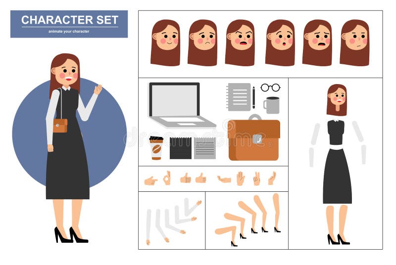 Office Woman Character Constructor with Various Views Stock Vector ...