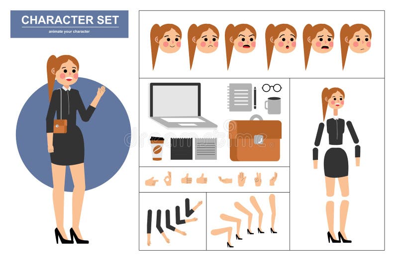 Office Woman Character Constructor with Various Views Stock Vector ...