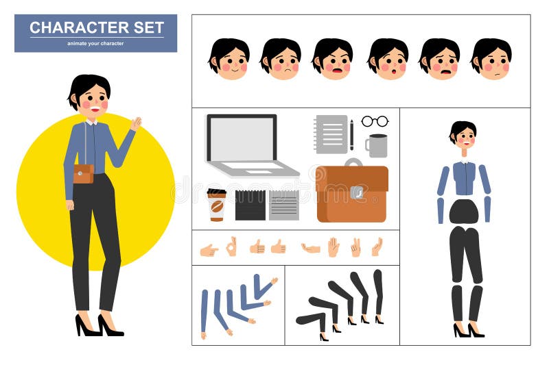 Office Woman Character Constructor with Various Views Stock Vector ...