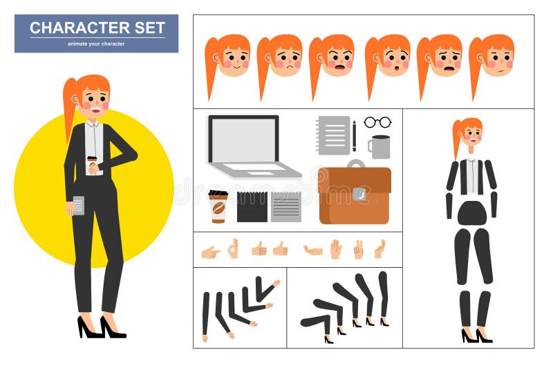 Office Woman Character Constructor with Various Views Stock Vector ...