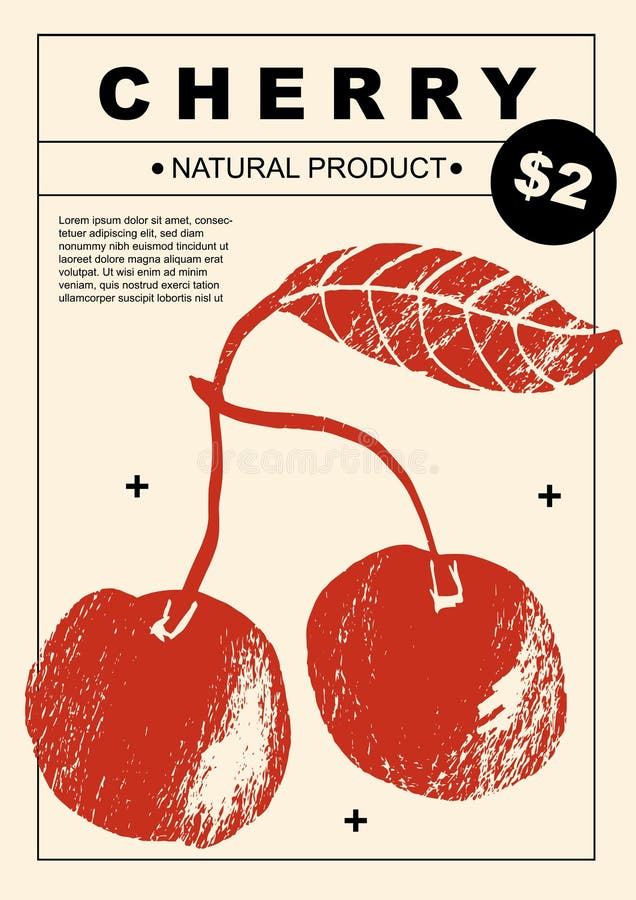 Cherry. Set of Posters of Fruits and Berries in a Abstract Draw Design ...