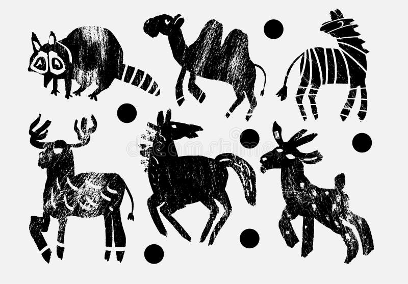Set of Abstract Wild Animals. Jungle, Forest Bird. Raccoon, Camel ...