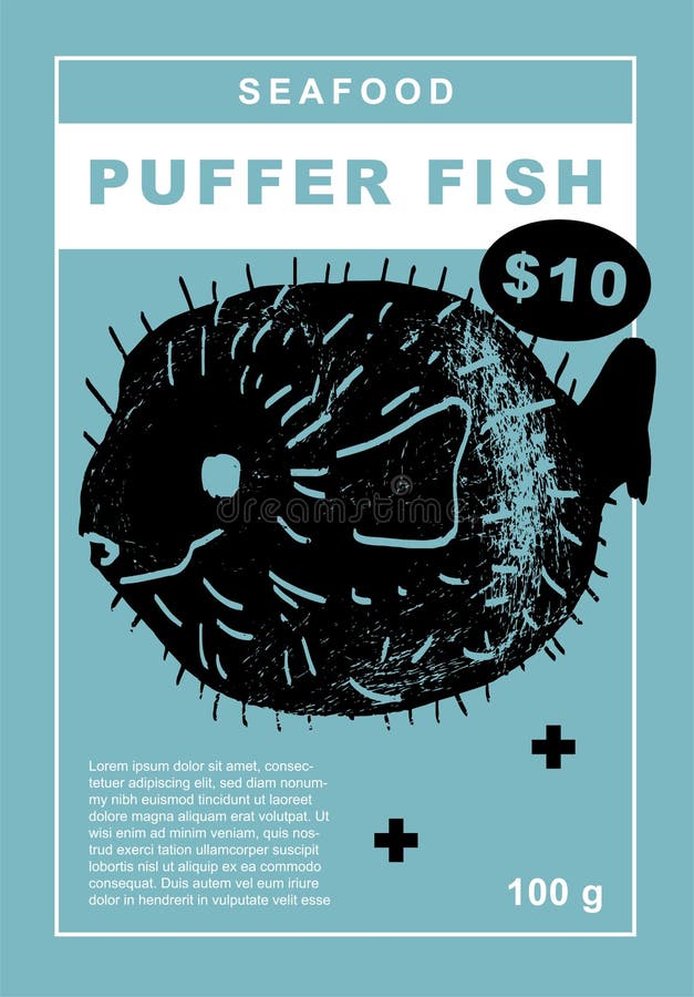 Puffer Fish. Set of Posters of Fishes and Seafood in a Abstract Draw ...