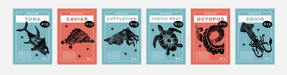 Tuna, Caviar, Cuttlefish, Turtle Meat, Octopus, Squid. Set of Posters ...