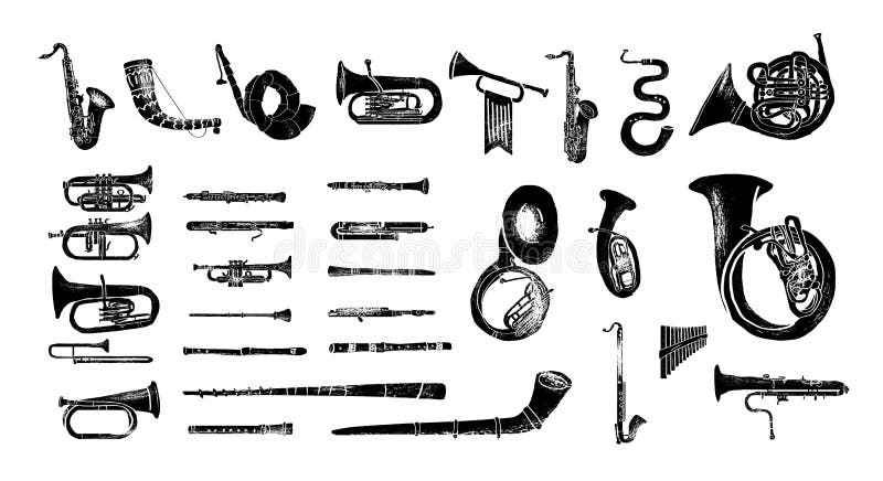 Horn, Trumpet, Flugelhorn, Trombone, Saxophone, Tuba. Vector, Realism ...