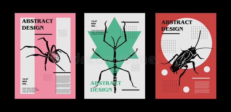 Stick Insect, Cockroach, Roach, Spider. Set of Vector Posters with ...