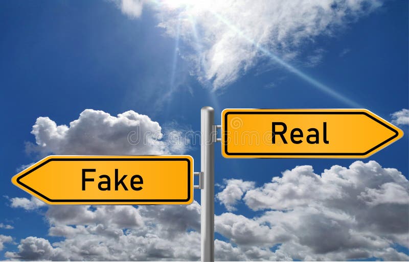 Conceptual Image of Fake Versus Real Signpost Under Blue Sky Stock ...