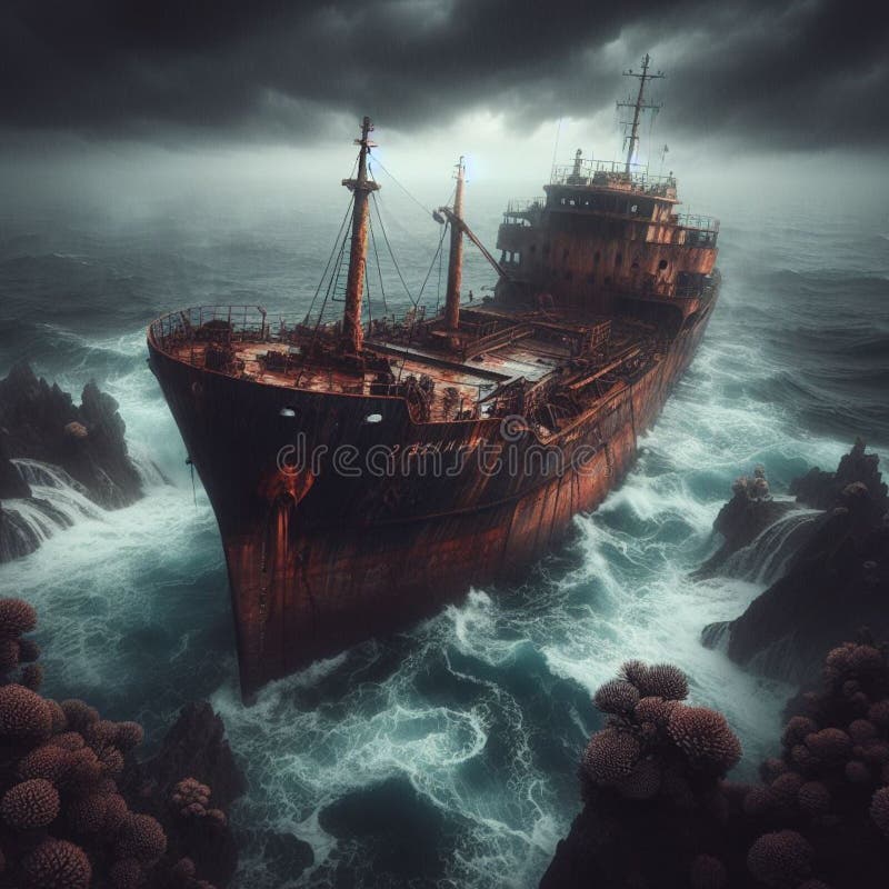 Illustration of an Abandoned, Rusty and Stranded Cargo Ship 2 Stock ...
