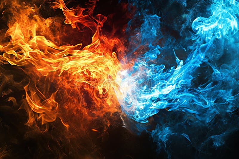 Abstract Background of Blue and Red Fire Flames on a Black Isolated ...
