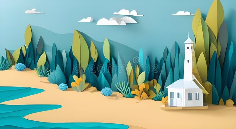 Illustration of an Abstract Beach and Forest Paper Cut Art. Stock ...