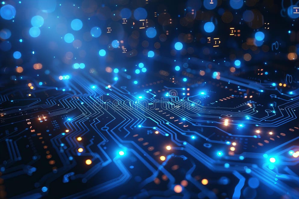 Abstract Blue Digital Background with Binary Code and Circuit Patterns, Representing the ...