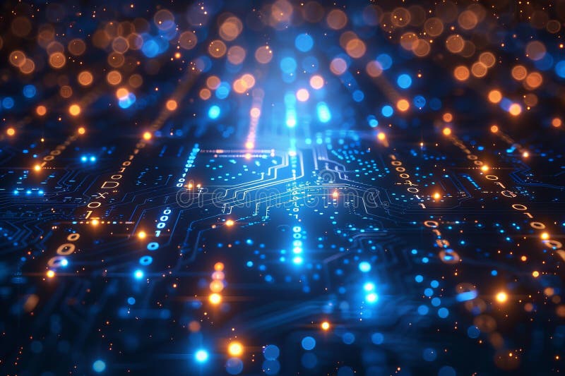 Abstract Blue Digital Background with Binary Code and Circuit Patterns, Representing the ...