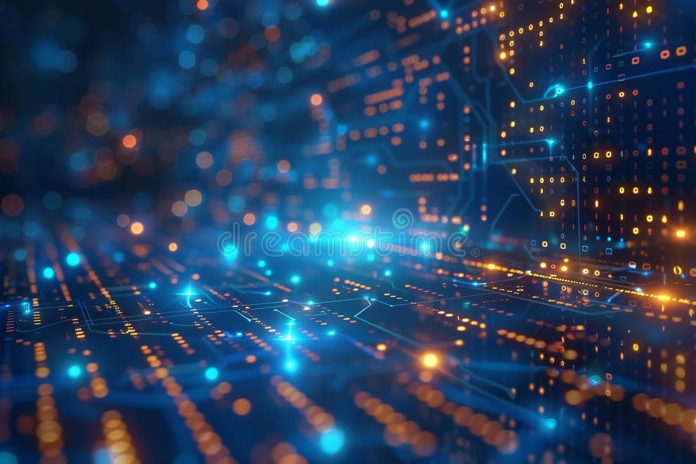 Abstract Blue Digital Background with Binary Code and Circuit Patterns, Representing the ...