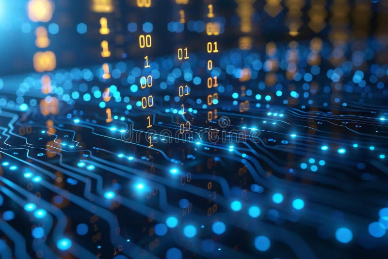 Abstract Blue Digital Background with Binary Code and Circuit Patterns, Representing the ...
