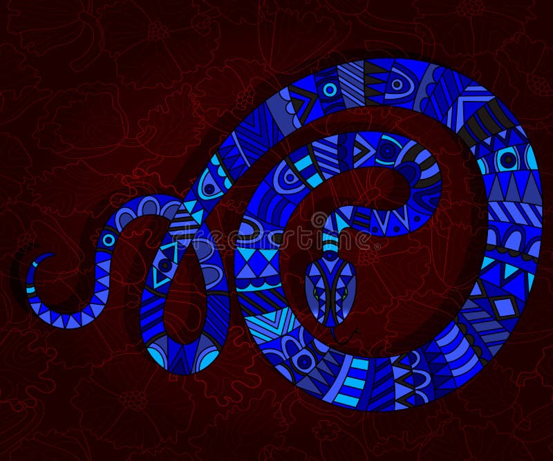 Abstract Illustration with Blue Snake on a Dark Red Floral Background ...