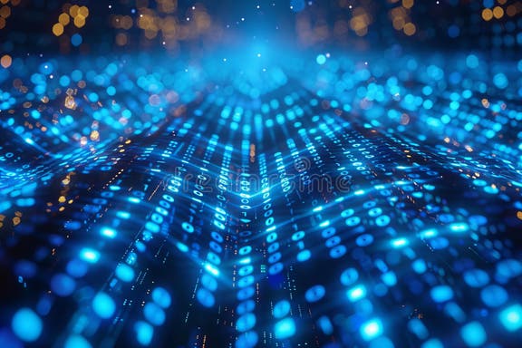 Illustration of Abstract Digital Background with Blue Glowing Lights and Binary Code, Creating a ...