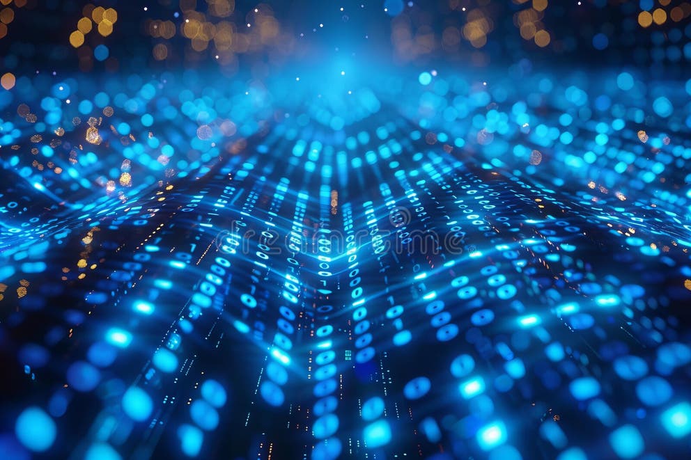 Illustration of Abstract Digital Background with Blue Glowing Lights and Binary Code, Creating a ...