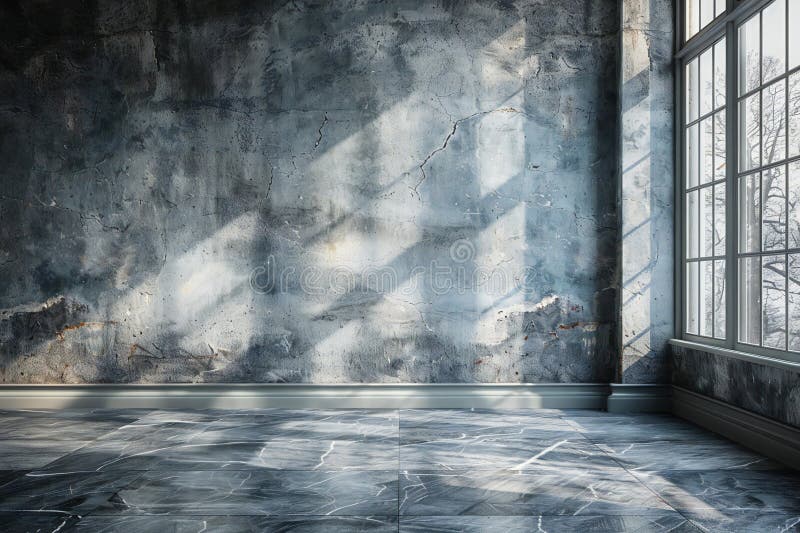 Abstract Empty Interior of Room with Concrete Wall and Floor, Shadow from Window, for Background ...