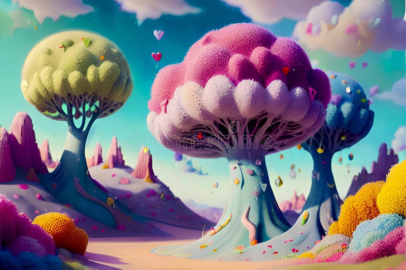 Illustration of Abstract Fantasy Landscape with Trees and Clouds Stock ...