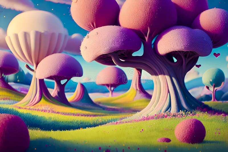 Illustration of Abstract Fantasy Landscape with Trees and Clouds Stock ...