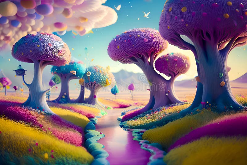 Illustration of Abstract Fantasy Landscape with Trees and Clouds Stock ...