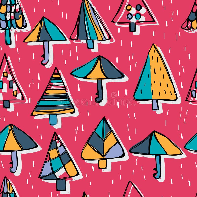 Tree Umbrella Style Free Drawing Rain Seamless Pattern Stock Vector ...